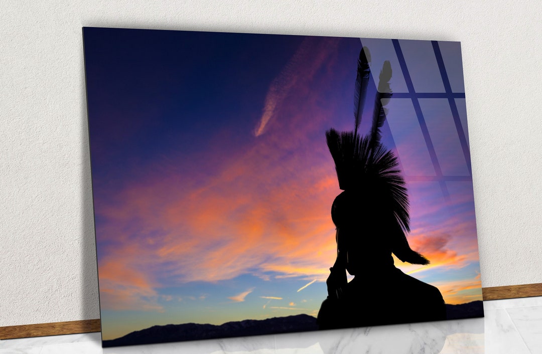 Native American Silhouette Glass Wall Art Indian at Sunset - Etsy