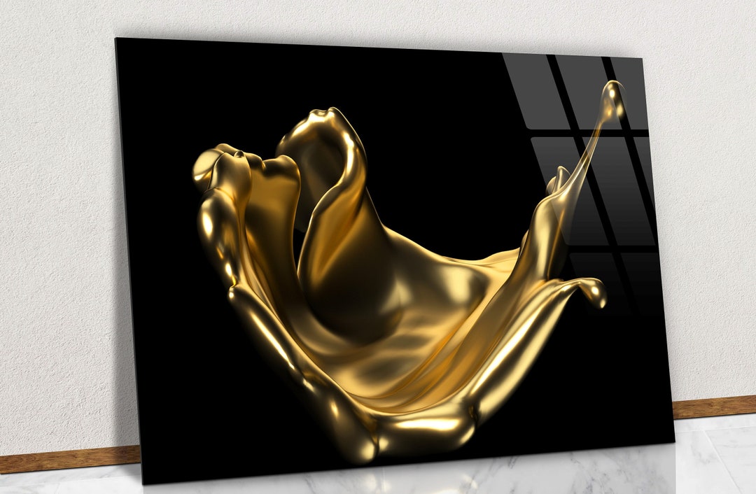 Luxury Gold Splash Glass Wall Art, Golden Pattern Tempered Glass, Black ...