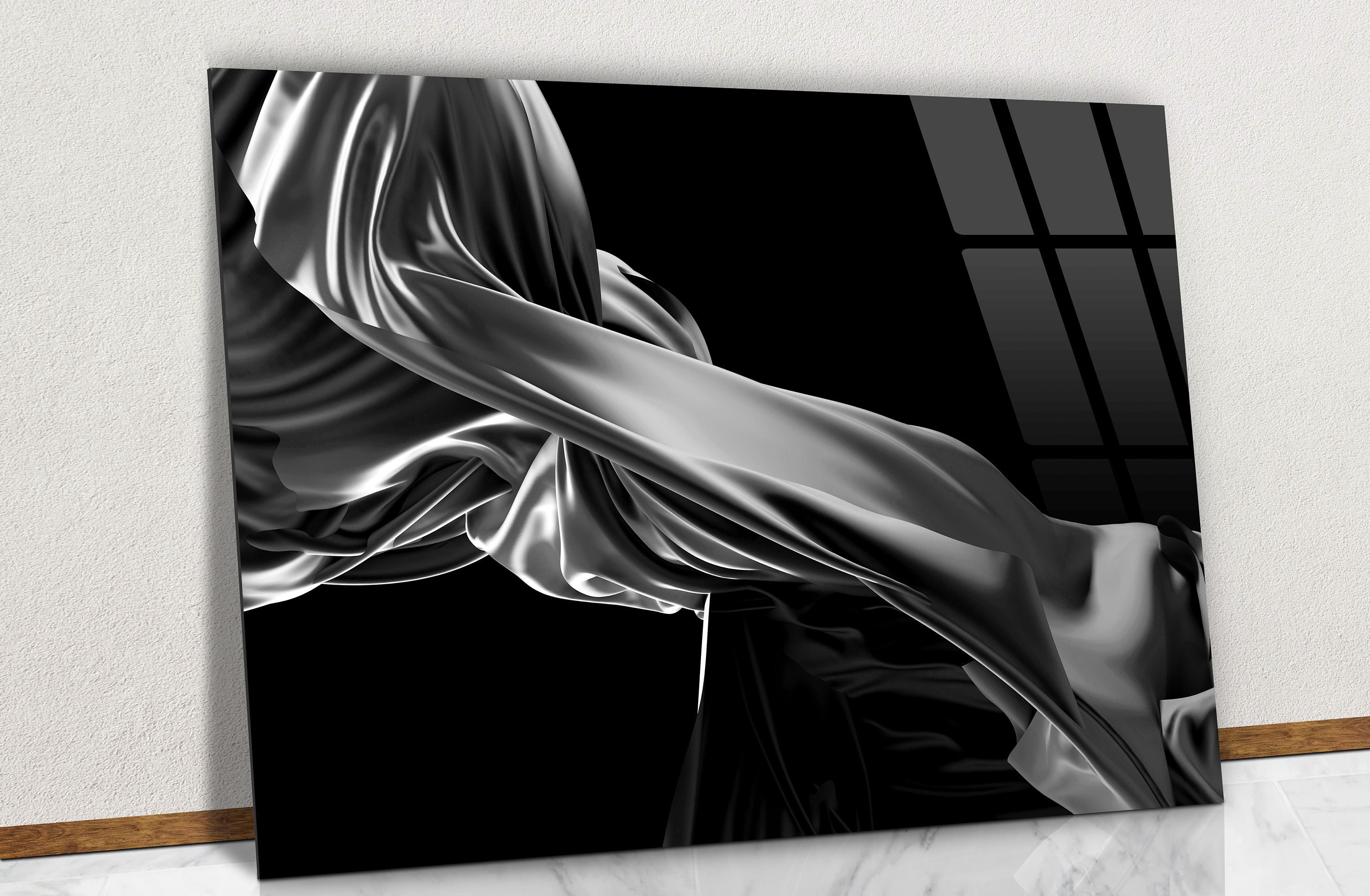 3D Abstract Black and White Glass Wall Art, Curvy Wavy Lines and Matte ...