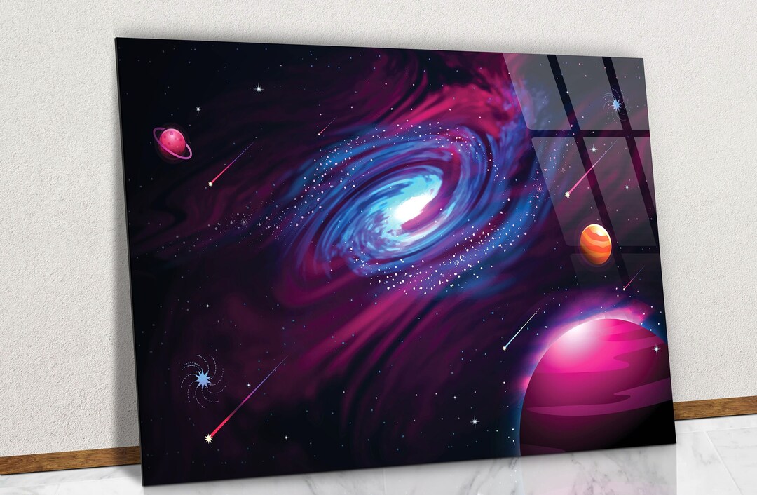Space Galaxy With Planet Saturn and Asteroids Glass Wall Art, Purple ...