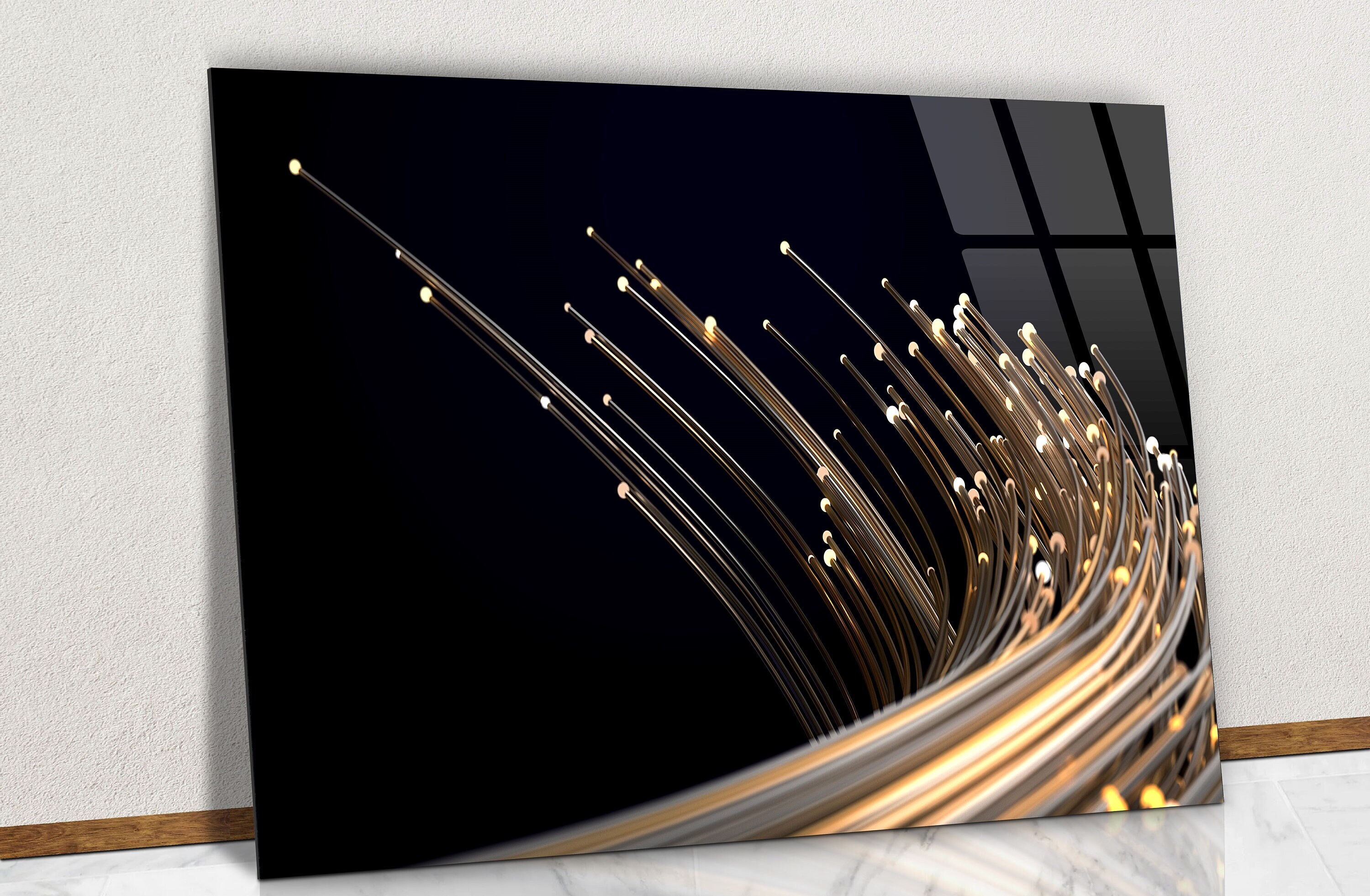 Particles Flowing and Shining With Golden Traces Glass Wall Art, 3D ...