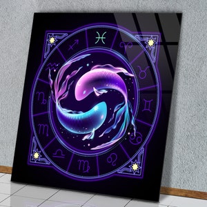 Neon Pisces Zodiac Signs and Neon Astrology Tempered Glass Wall Art ...