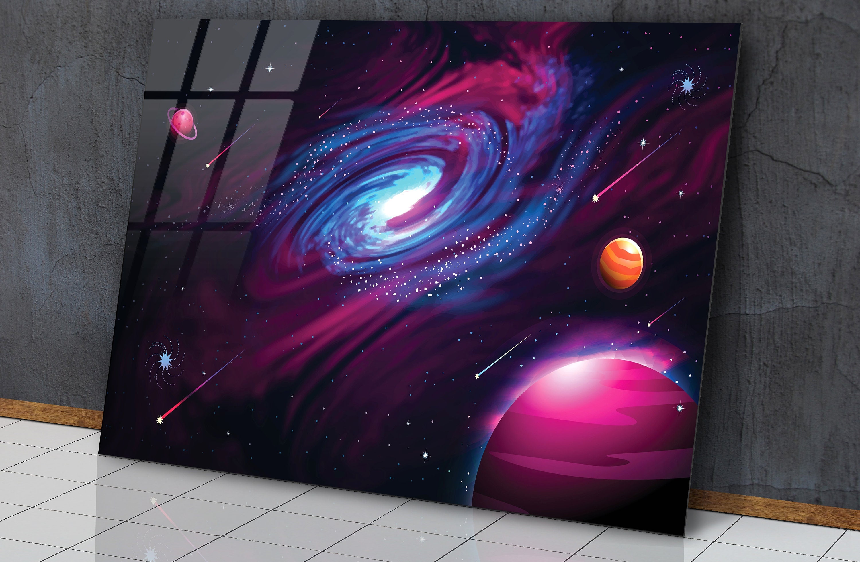 Space Galaxy With Planet Saturn and Asteroids Glass Wall Art, Purple ...