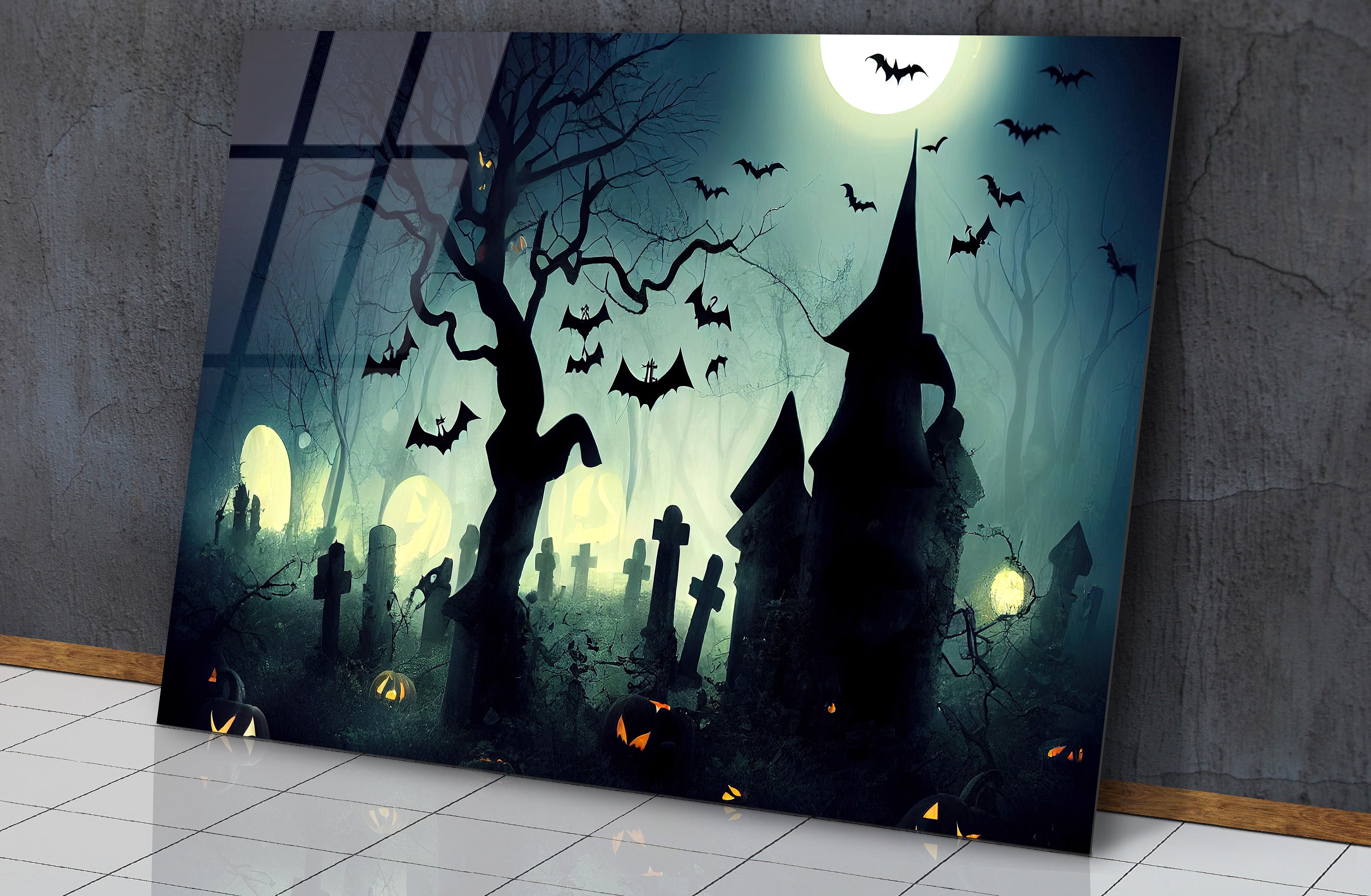 Scary Graveyard in Creepy Forest Glass Wall Art, Autumn Gloomy Spooky ...