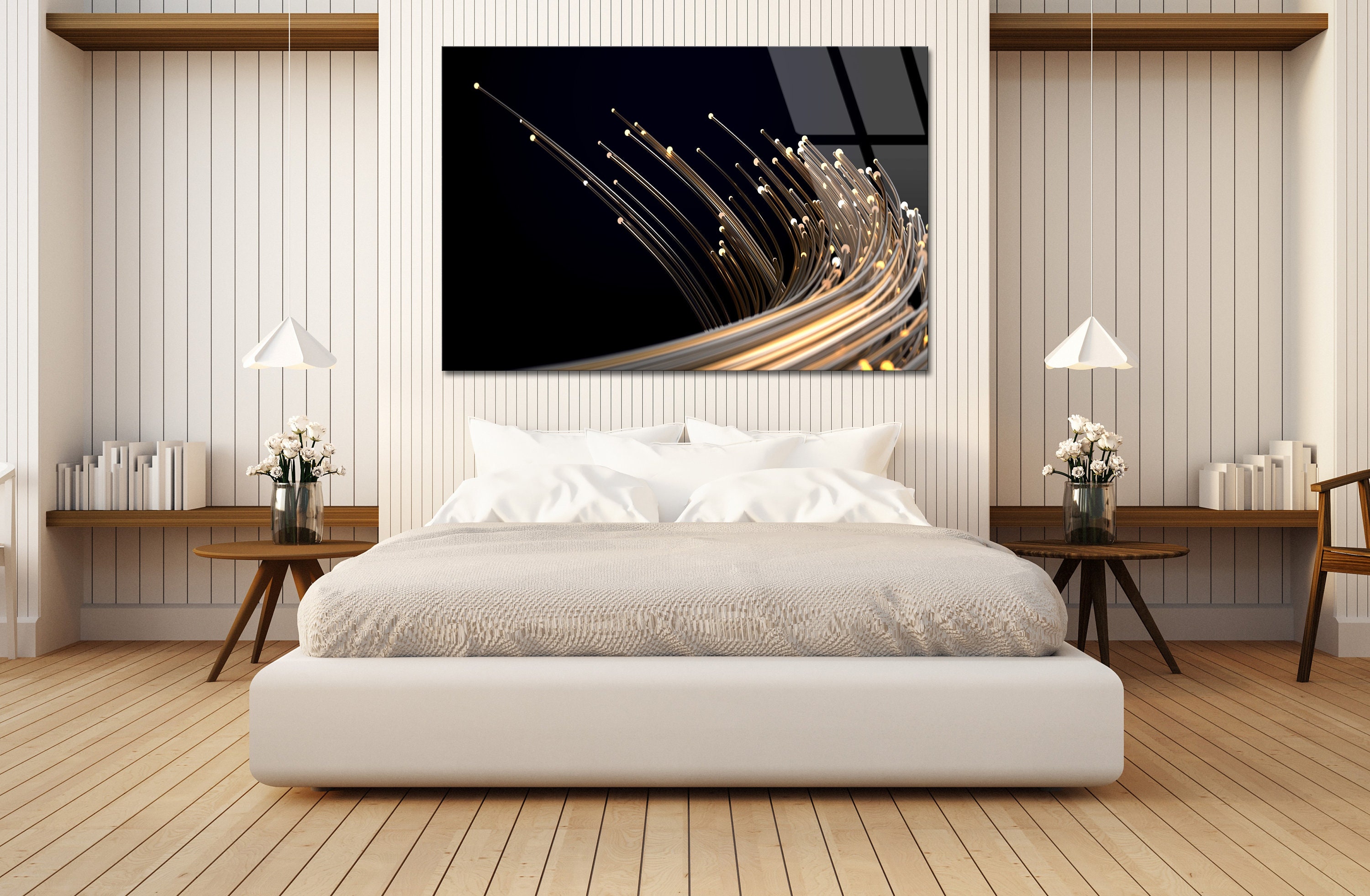 Particles Flowing and Shining With Golden Traces Glass Wall Art, 3D ...
