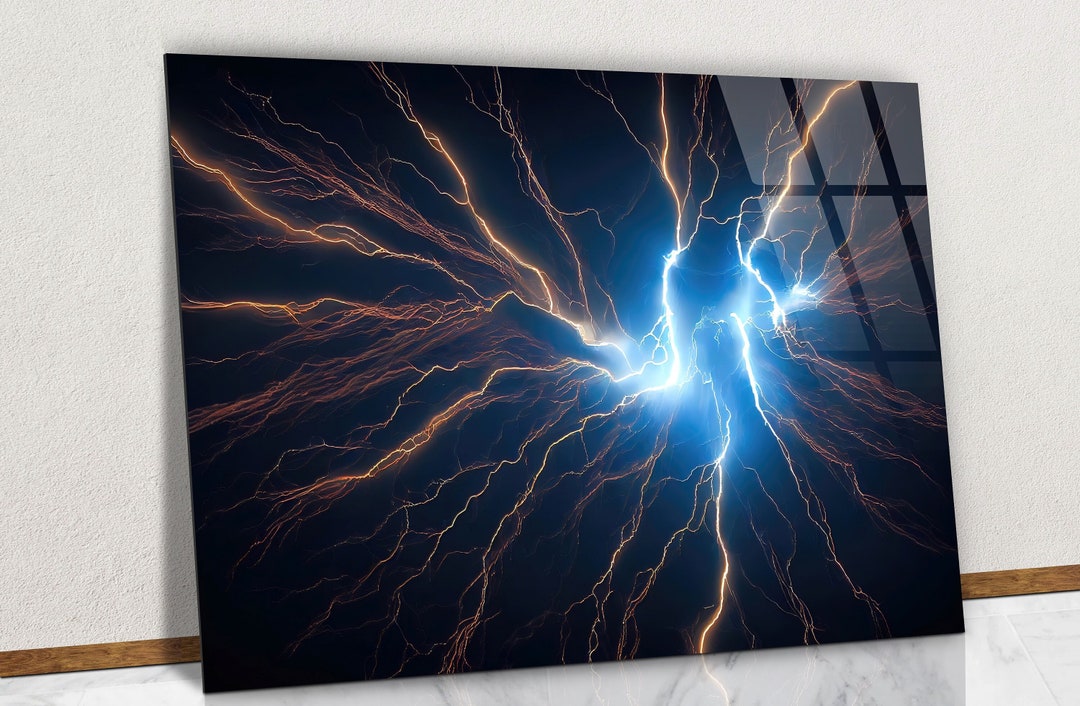 Sky and Lightning Glass Wall Art, Blue Lightning Landscape Tempered ...