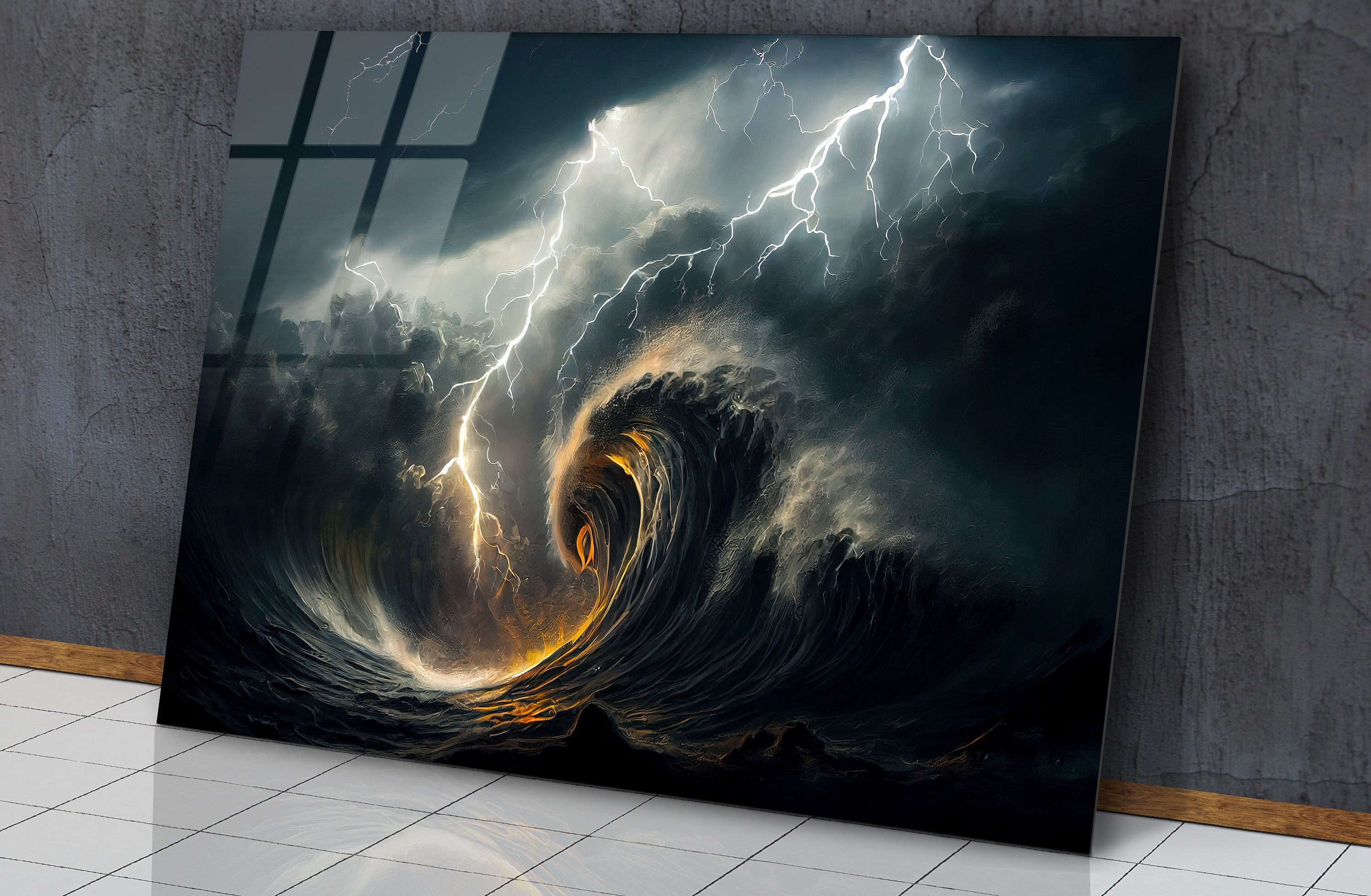 A Strong Storm in the Ocean Glass Wall Art, Lightning Falling From Dark ...