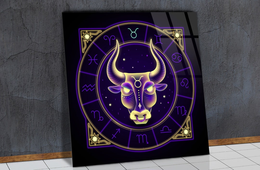 Neon Taurus Zodiac Signs and Neon Astrology Tempered Glass Wall Art ...