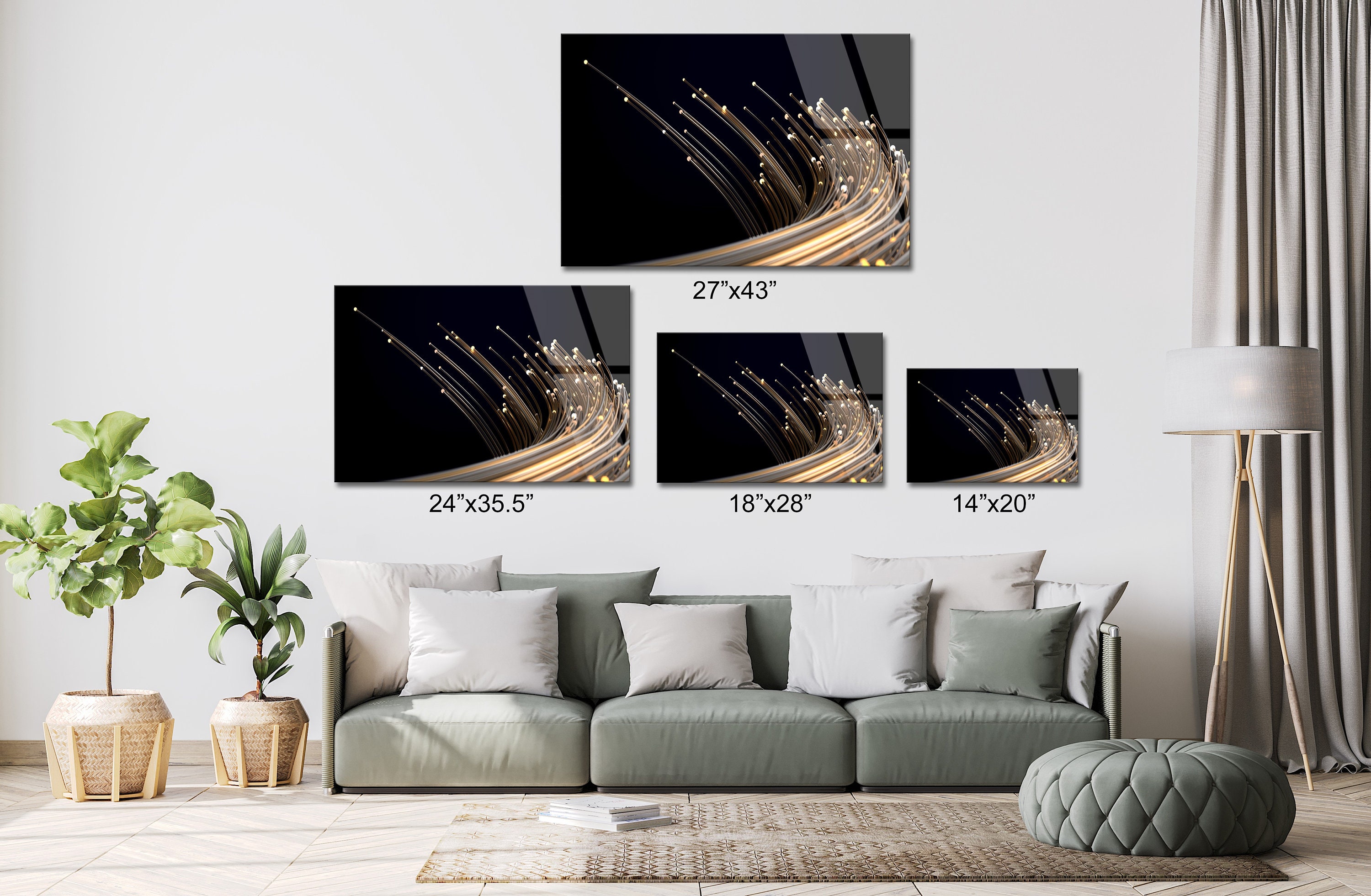 Particles Flowing and Shining With Golden Traces Glass Wall Art, 3D ...