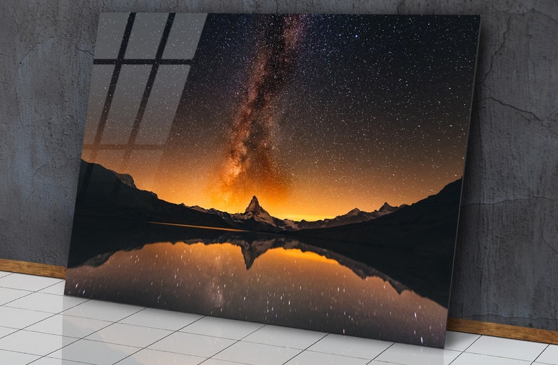 Stellisee Matterhorn Glass Wall Art, Milky Way at Lake Stellisee ...