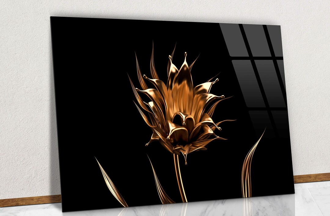 Luxury Golden Rose Black Glass Wall Art, Vintage Luxury Tempered Glass ...