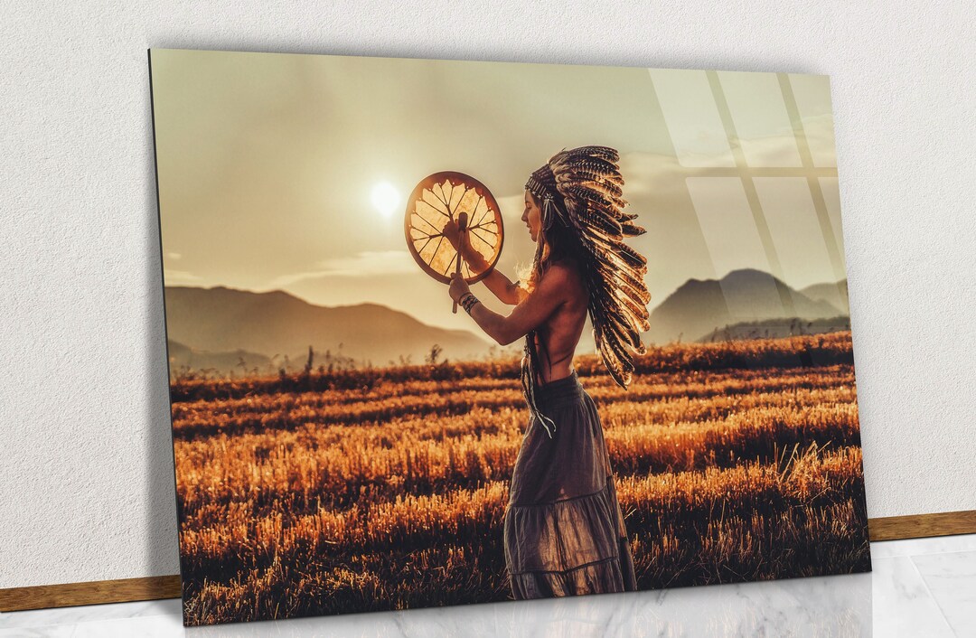 Native American Woman Glass Wall Art, Beautiful Shamanic Girl Playing ...