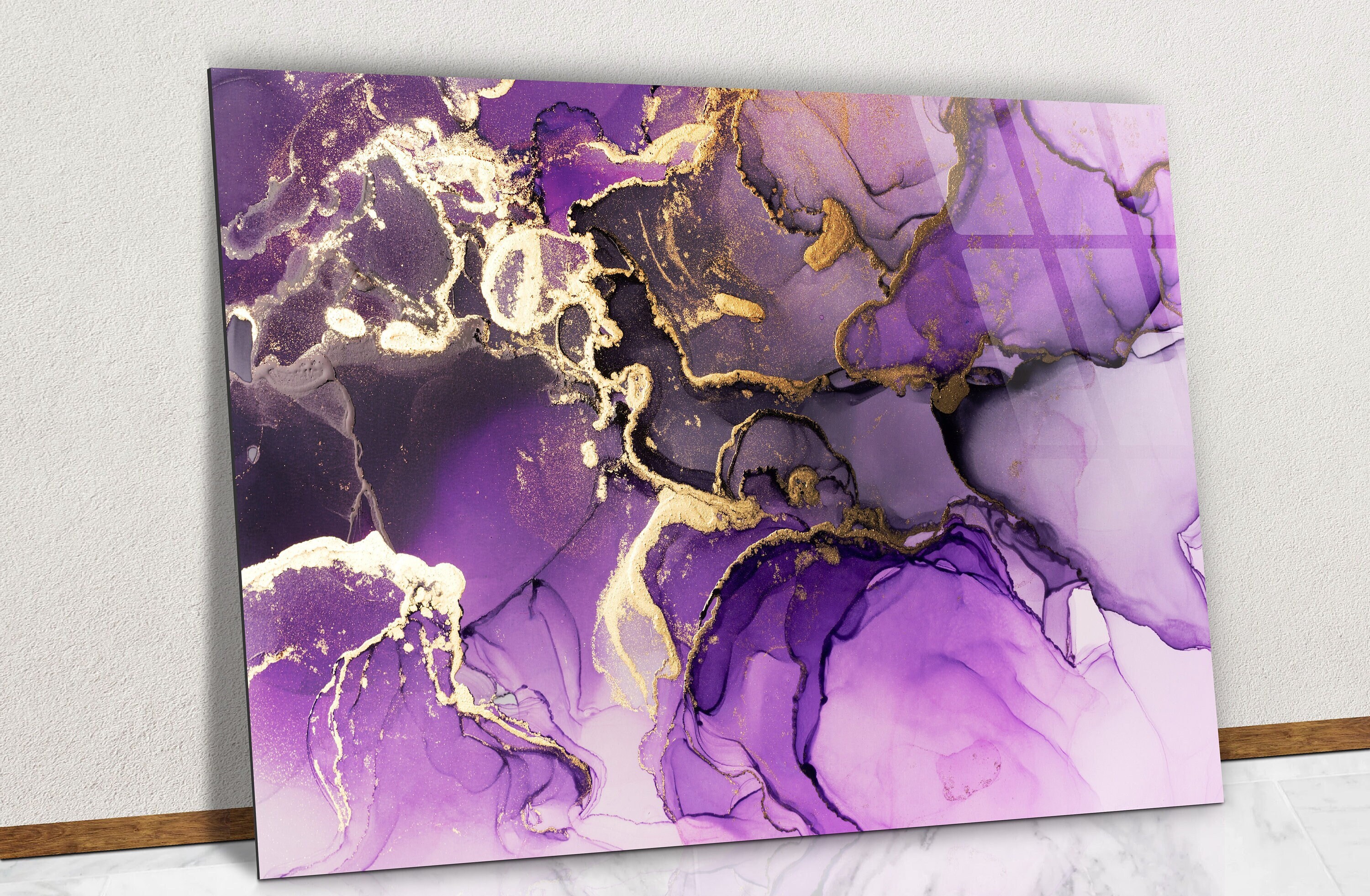 Purple and Gold Alcohol Ink Glass Wall Art, Gold Purple Glass Print ...