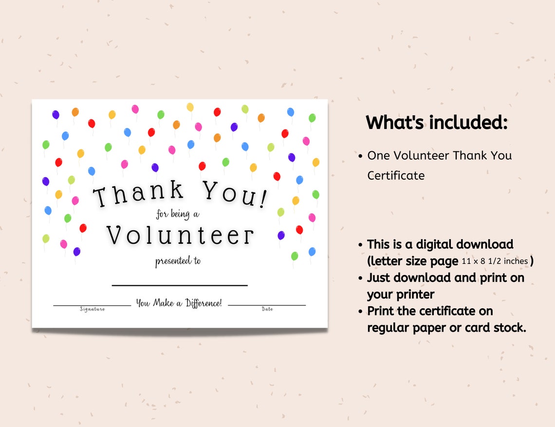 Volunteer Thank You Certificate for Volunteer Programs, Volunteer ...