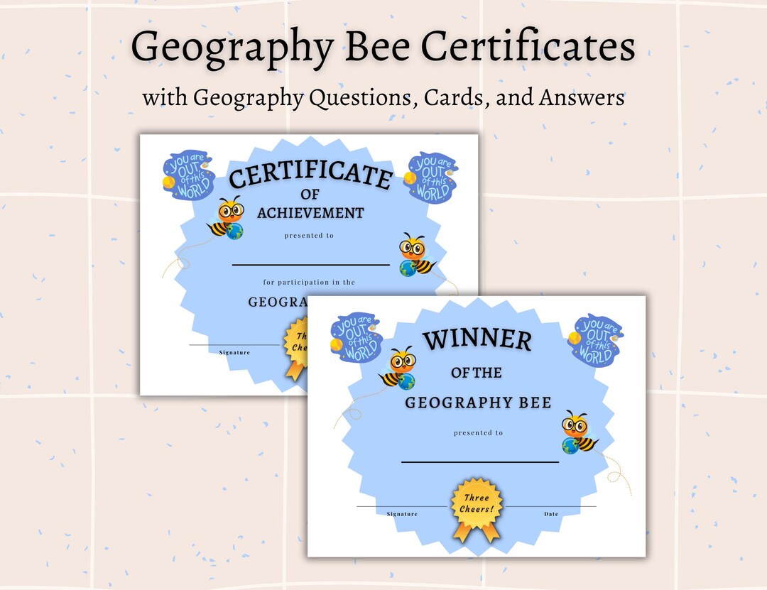 Geography Bee Award Certificates for Geography Game for Kids Teachers ...