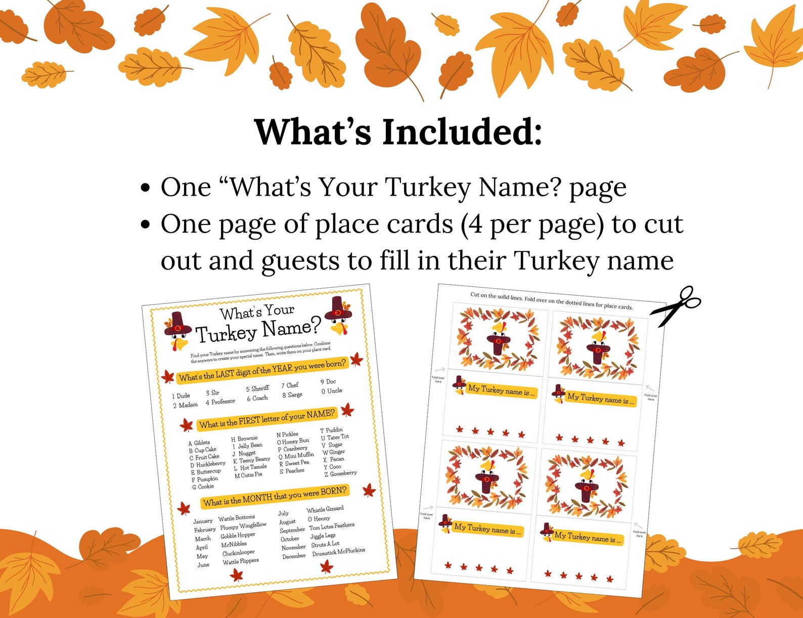 Whats Your Turkey Name Game Printable Thanksgiving Day Game for Parties ...