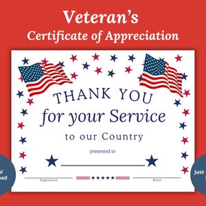 Veterans Certificate of Appreciation, Thank You for Your Service ...
