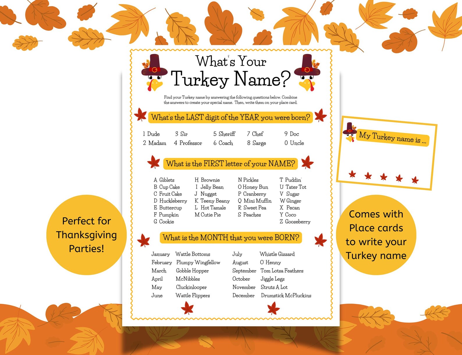 Whats Your Turkey Name Game Printable Thanksgiving Day Game for Parties ...