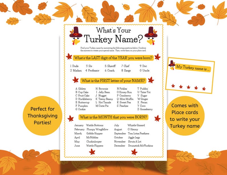 Whats Your Turkey Name Game Printable Thanksgiving Day Game for Parties ...