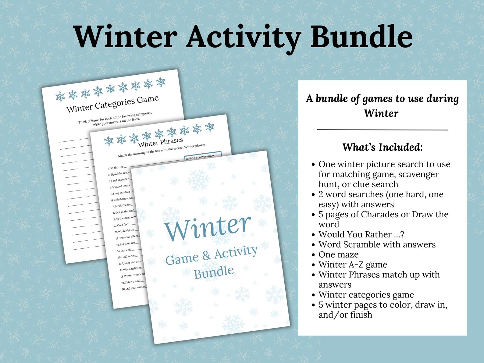 Winter Game and Activity Bundle Printable for Senior Adults, Fun Winter ...