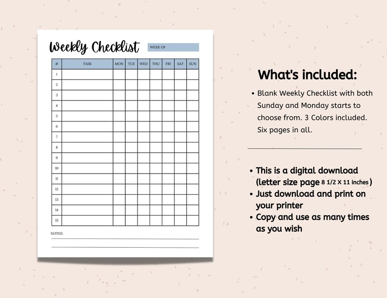 Weekly Checklist Printable, to Do Checklist Printable - Etsy