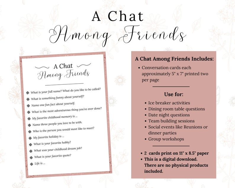 Conversation Cards Printable Conversation Starters, Icebreaker Game ...