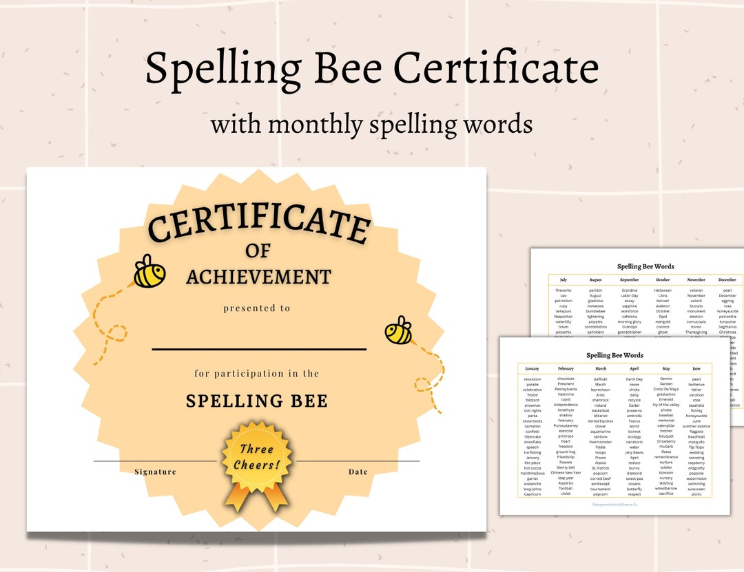 Spelling Bee Certificate With Monthly Spelling Words, Senior Spelling ...