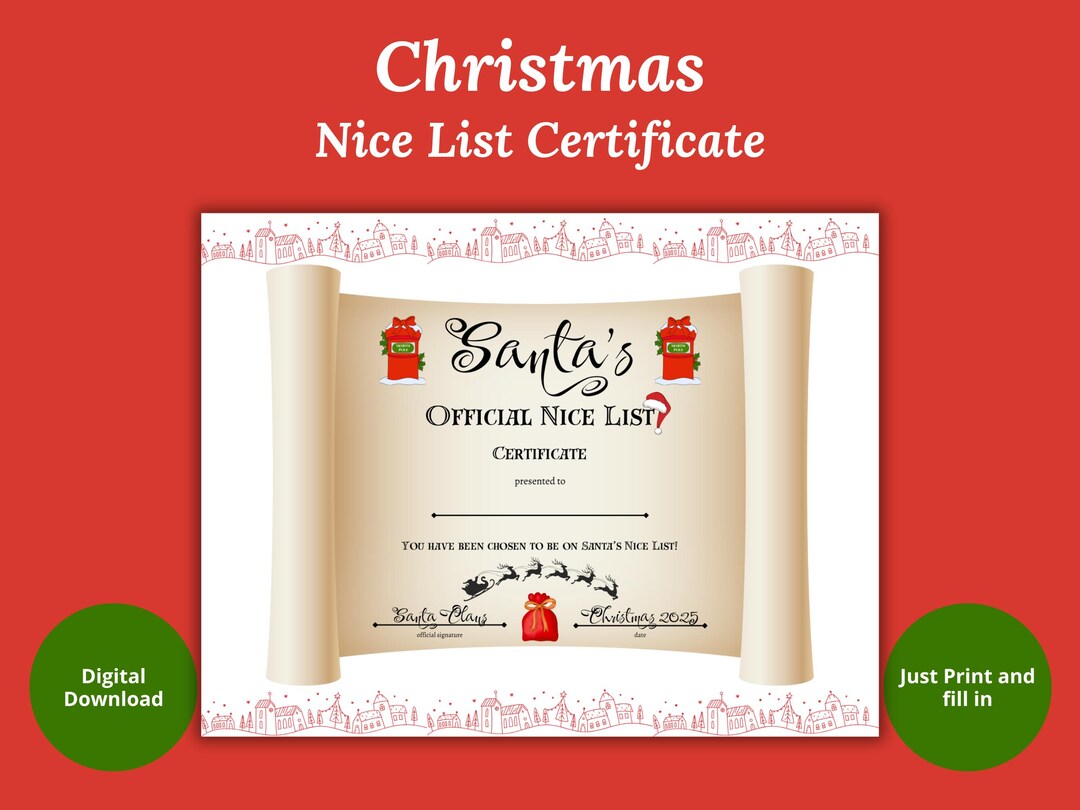 Christmas Nice List Printable Certificate for Kids, Santa's Official ...