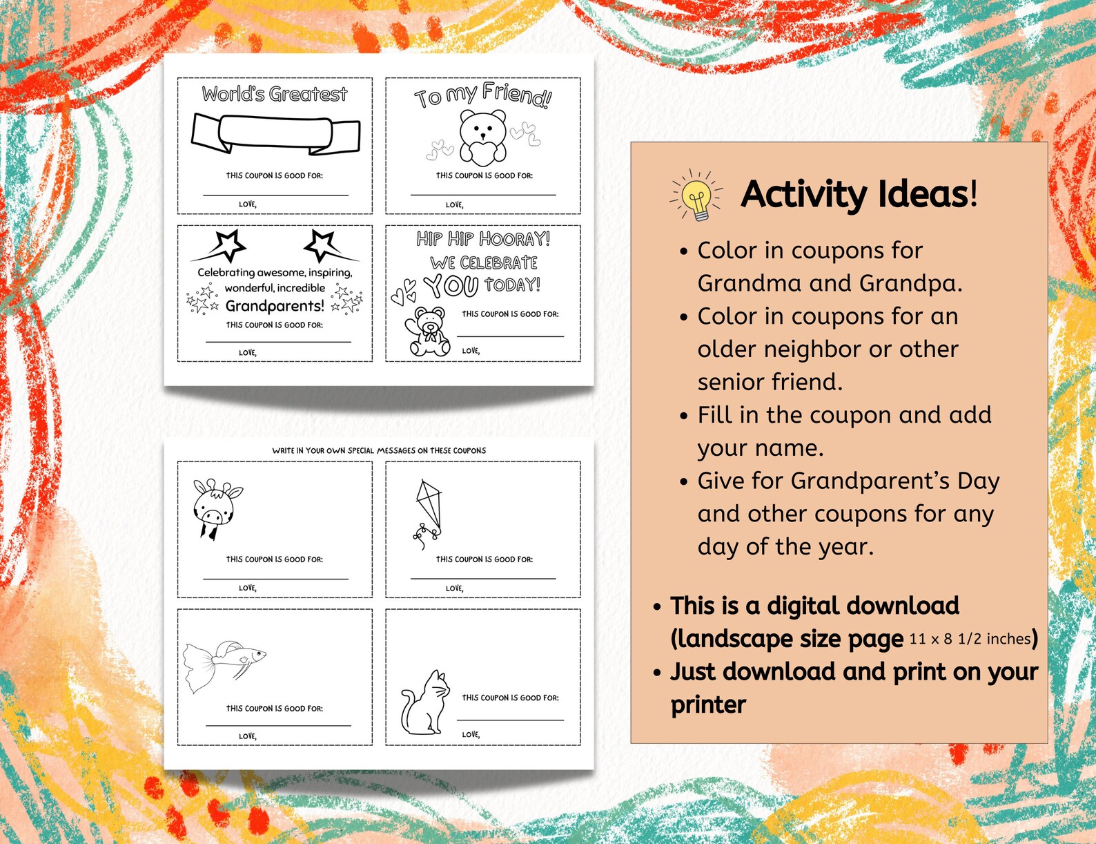 Grandparent's Day Craft, Coloring Coupons, Gift for Seniors, Gift From ...