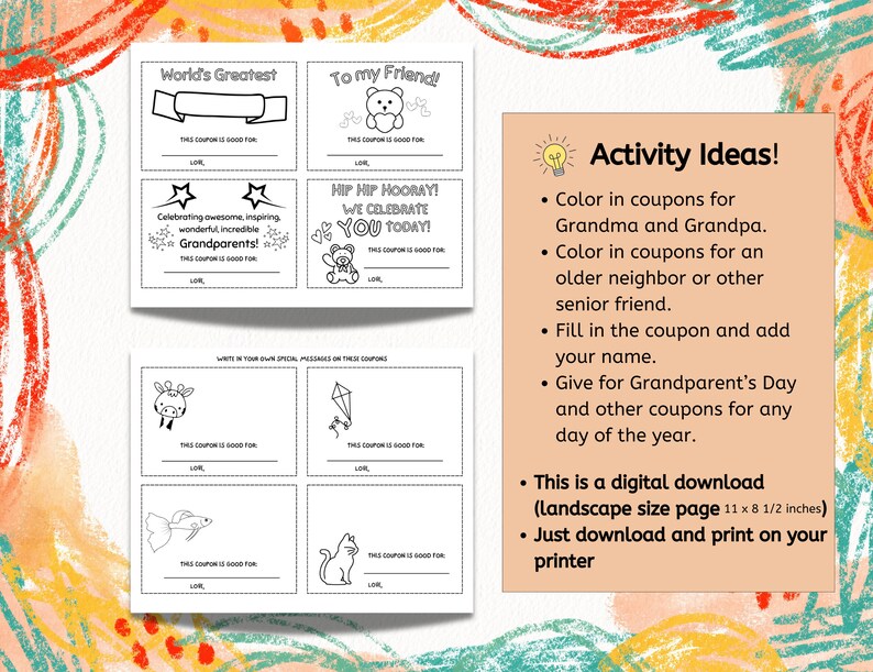 Grandparent's Day Craft, Coloring Coupons, Gift for Seniors, Gift From ...