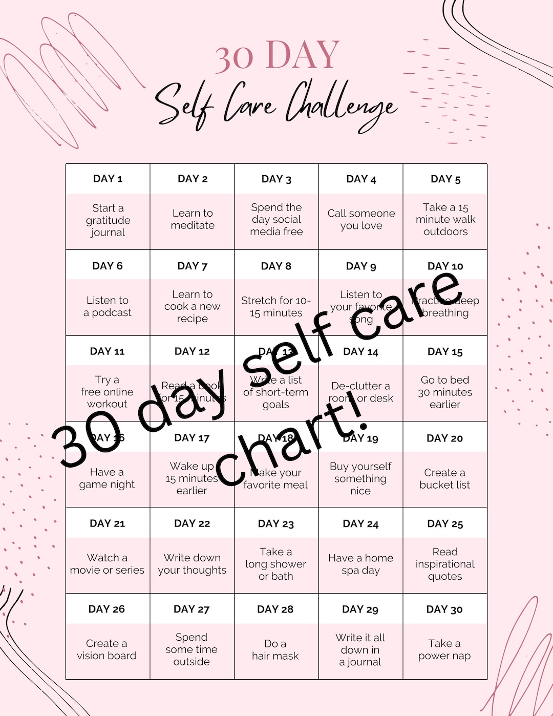 30 Day, Self Care, Self Care Challenge, Chart, Printable Planner, 30 ...