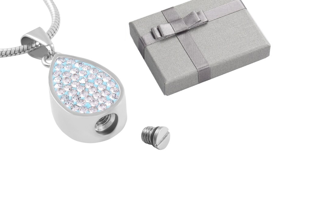 Teardrop Cremation Urn Necklace, Rhinestone Stainless Steel Memorial ...
