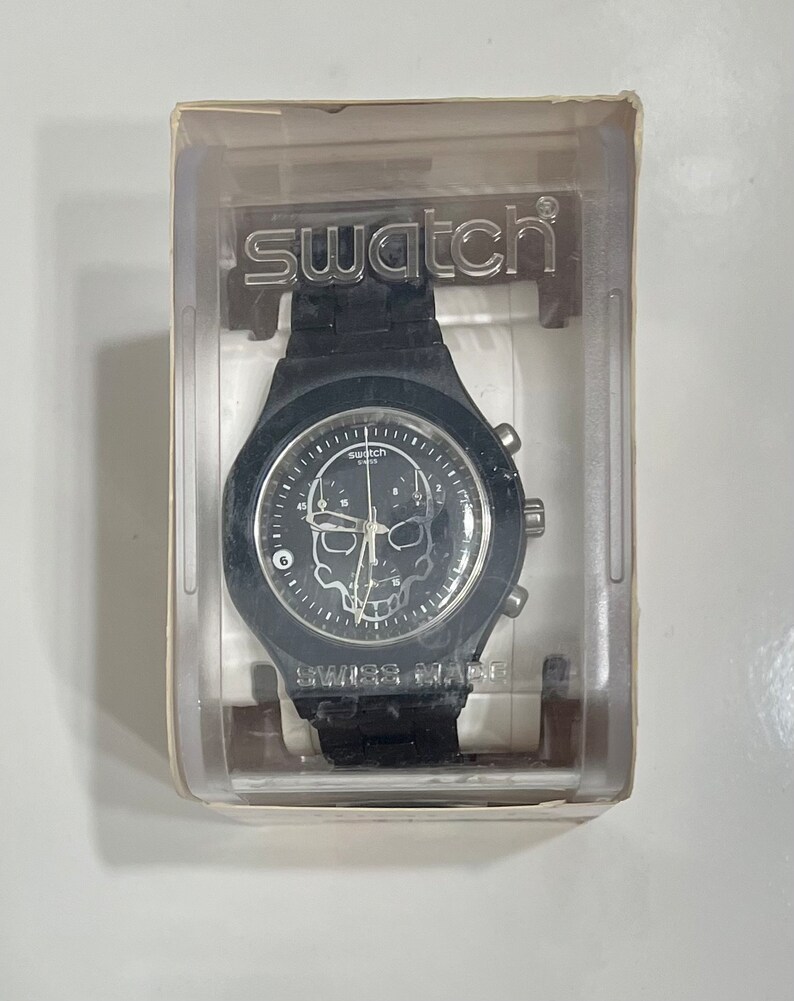 Swatch Full-blooded Black Skull Mens Watch discontinued - Etsy