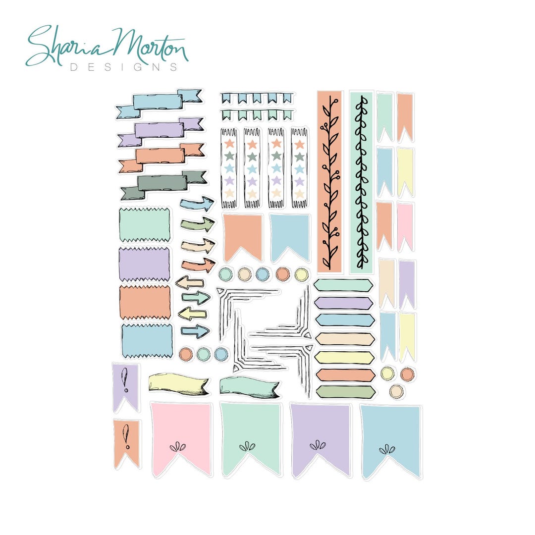 Doodley Planner Stickers SVG for Cricut and Silhouette, Pastel Tags ...