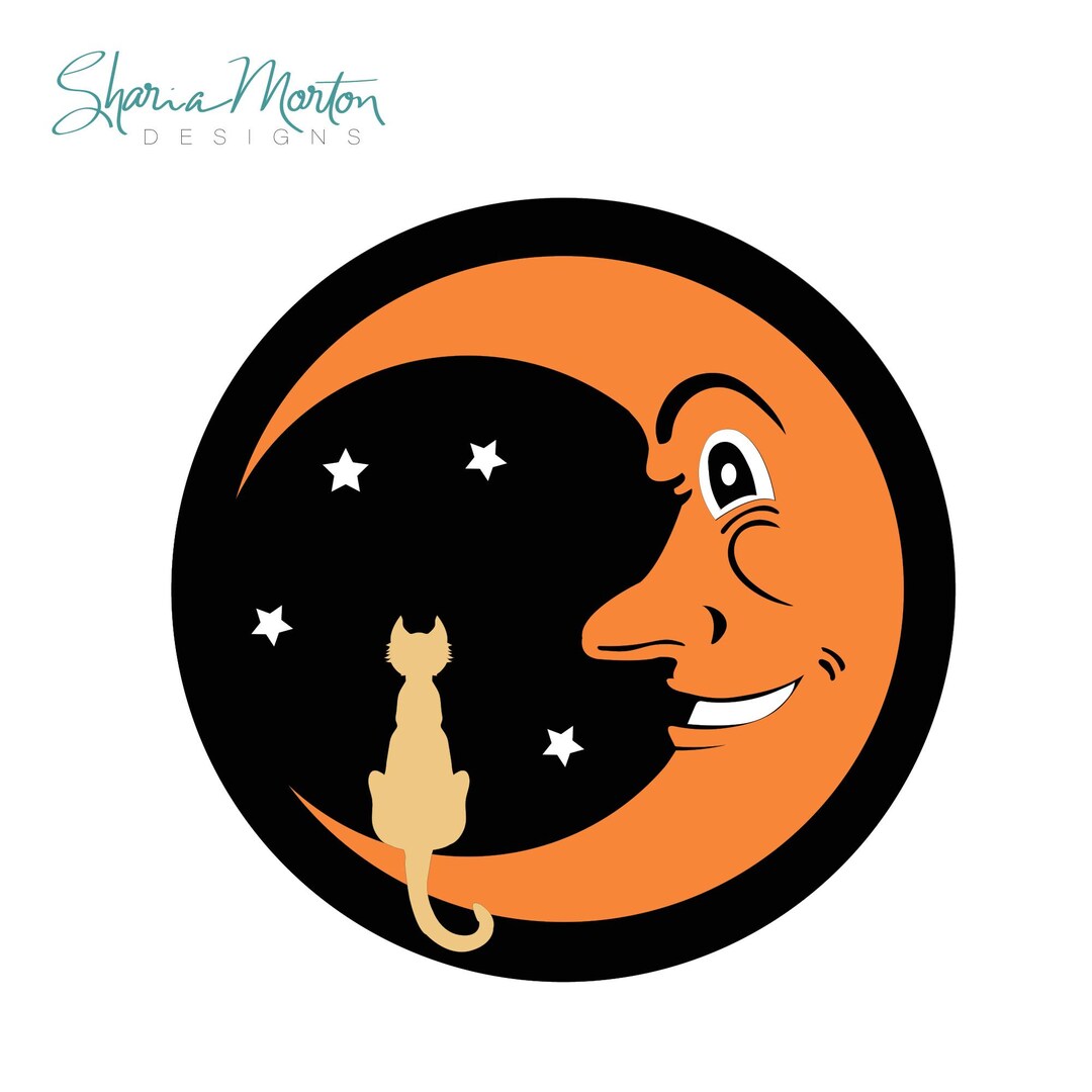 Cat in Moon SVG for Cricut and Silhouette, Vintage Halloween Crescent ...