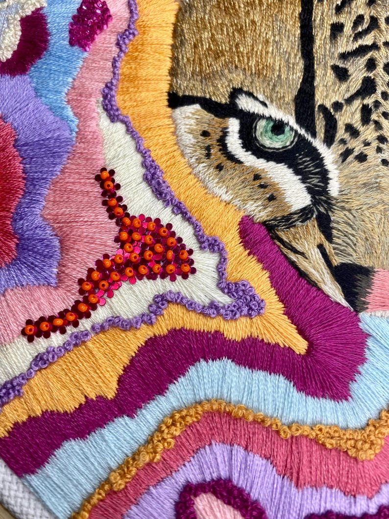 Feline Fantasy, Abstract Ocelot Cat Finished Embroidery With Bead and ...