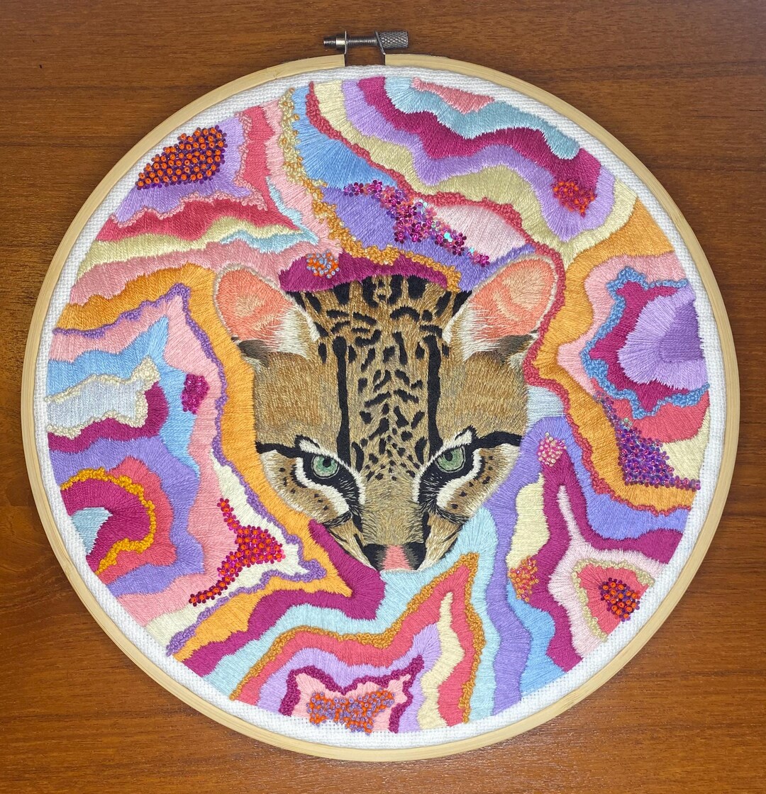 Feline Fantasy, Abstract Ocelot Cat Finished Embroidery With Bead and ...