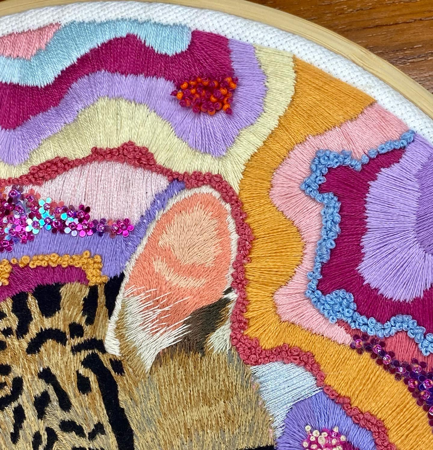 Feline Fantasy, Abstract Ocelot Cat Finished Embroidery With Bead and ...