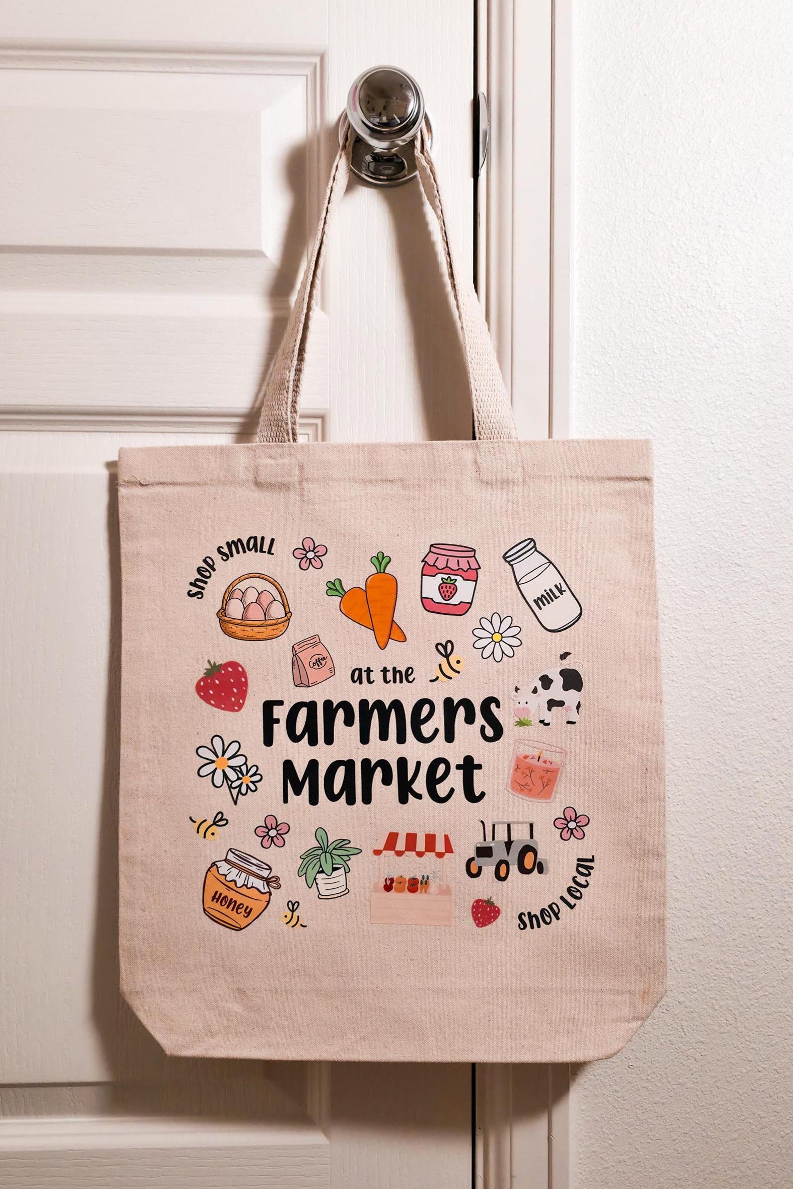 Cute Farmers Market Tote Bag, 15x15 Beige Tote, Grocery Shop Bag ...