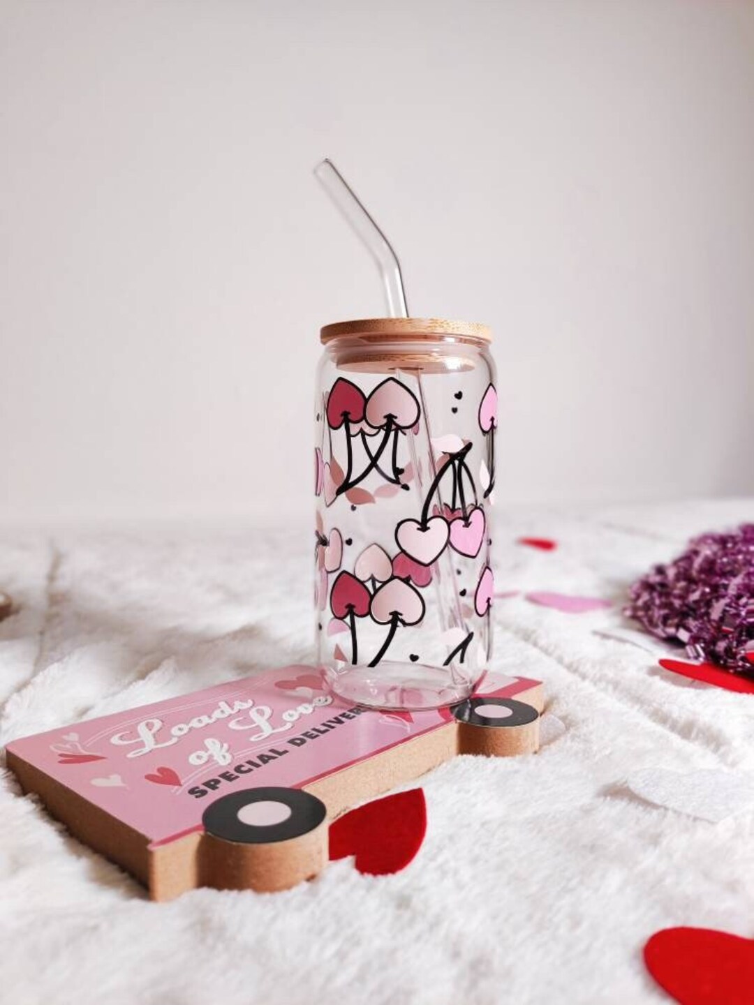 Pink Cherry Hearts Cup, Cute Libbey Iced Coffee Cup With Bamboo Lid and ...