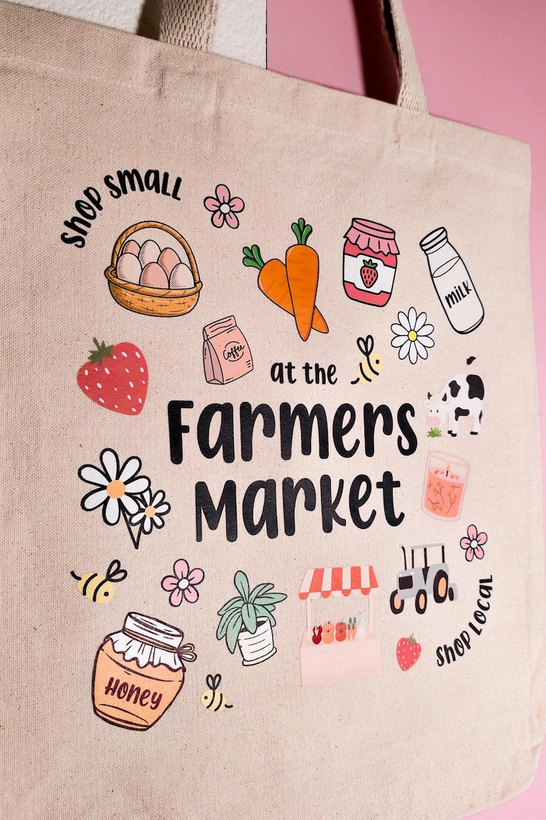Cute Farmers Market Tote Bag, 15x15 Beige Tote, Grocery Shop Bag ...