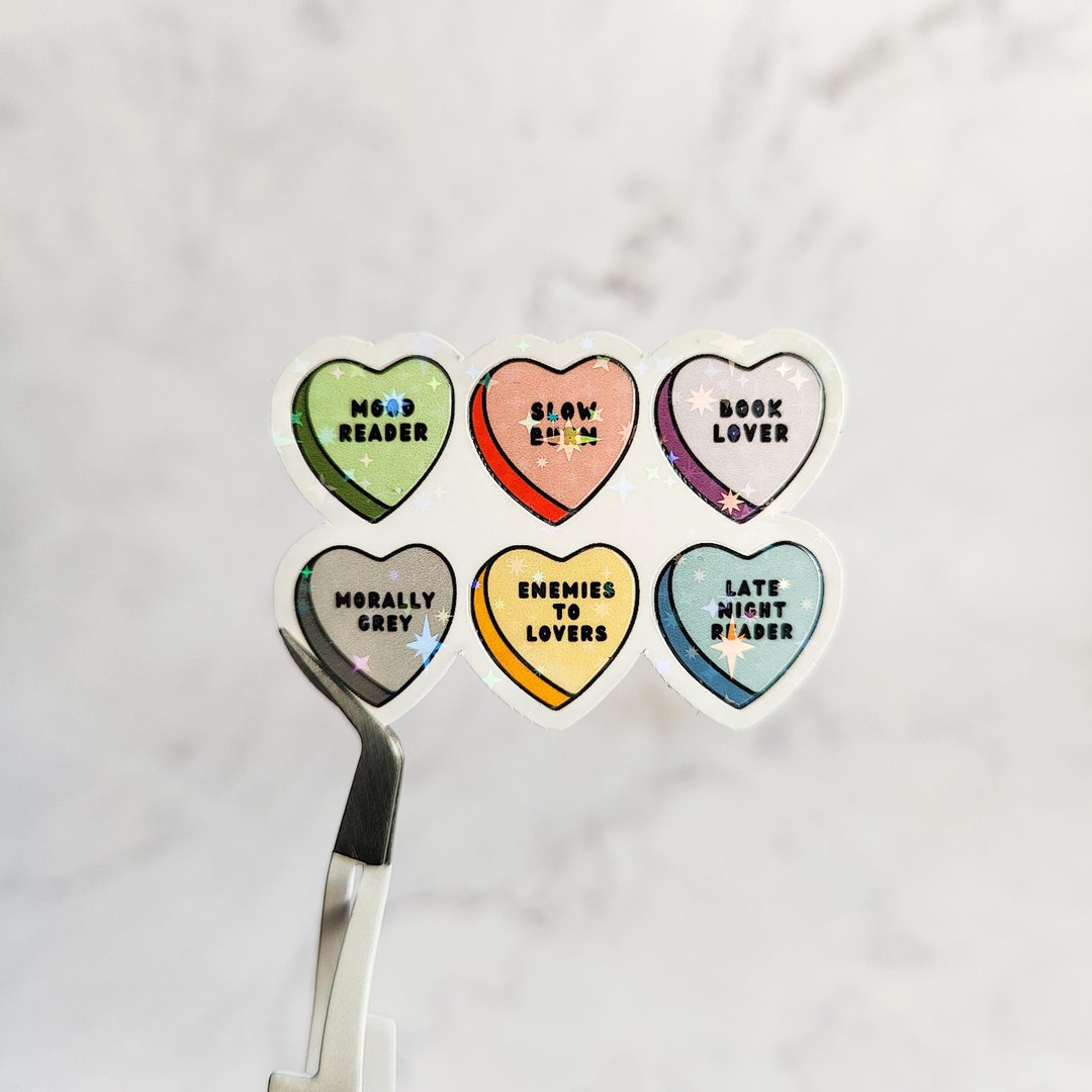 Bookish Conversation Hearts Holographic Sticker, Water Resistant Decal ...