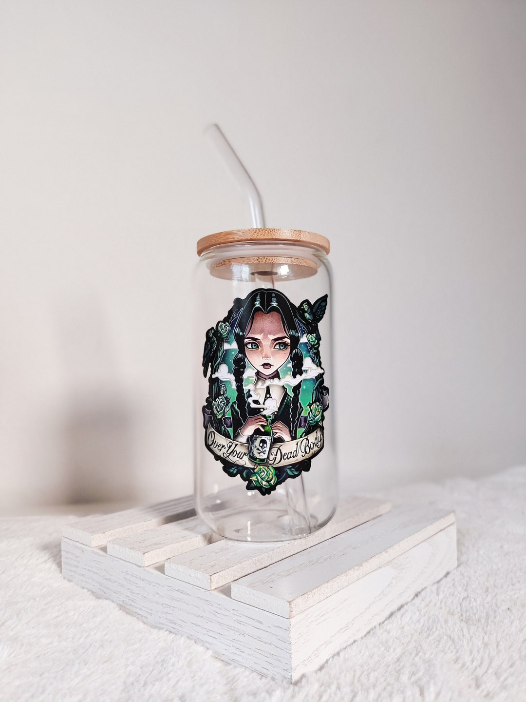 Over Your Dead Body, Wednesday Addams Glass Cup With Bamboo Lid, Tim ...