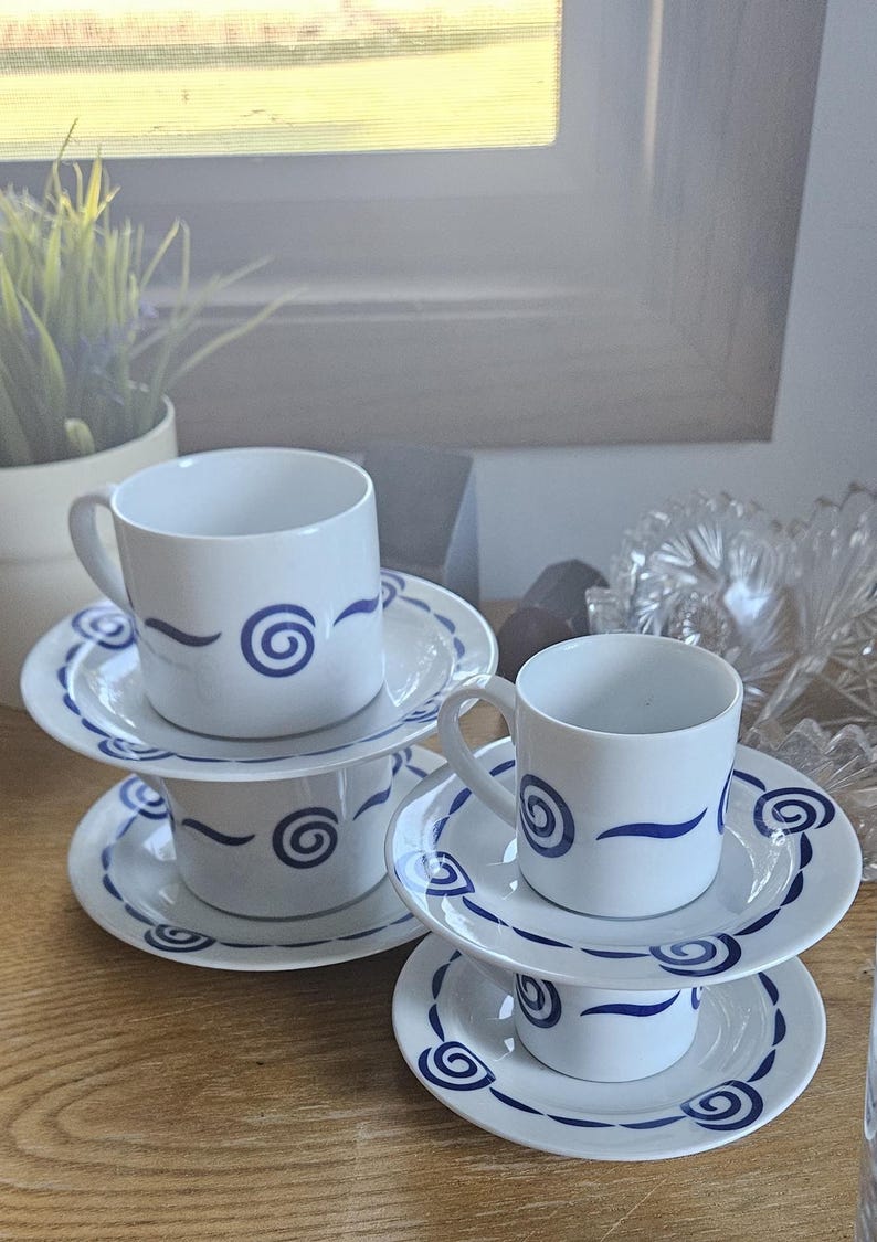Vintage Crown Porcelain Coffee & Espresso Cup Set, Blue Swirl Design - Etsy