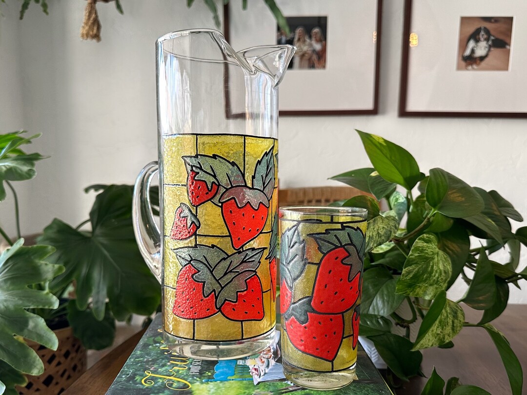 Vintage MCM Stained Glass Strawberry Pitcher Large Cocktail - Etsy