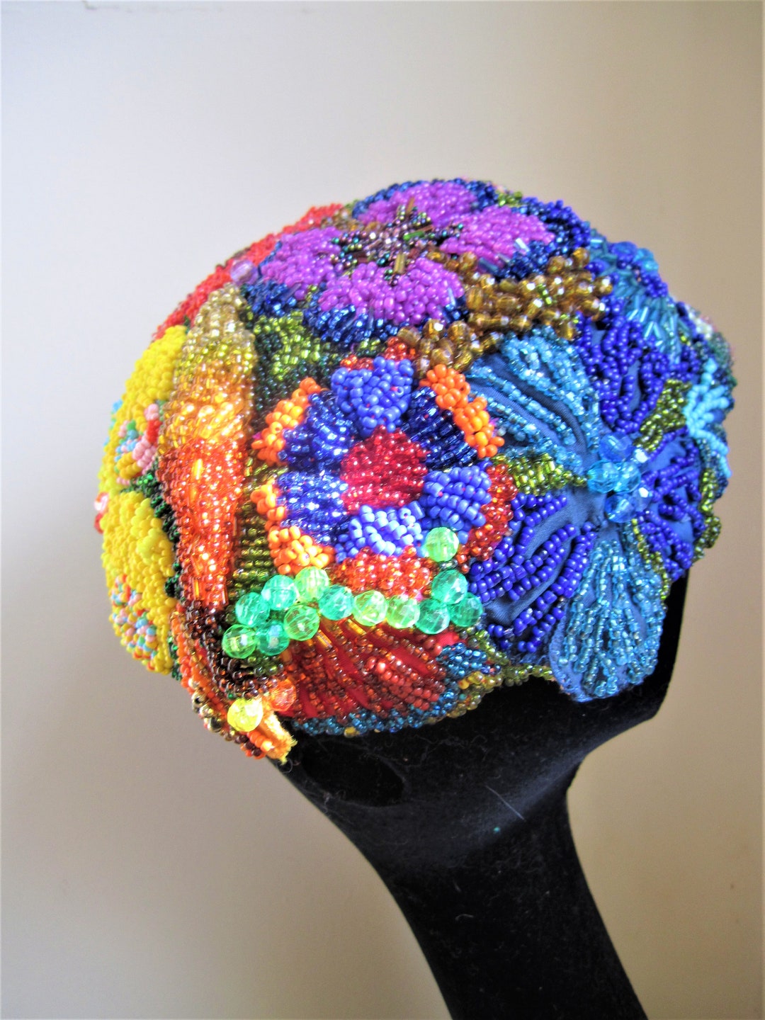 Skull Cap Hand Beaded Hat Floral Evening Cloche Wearable Art 20s Art ...