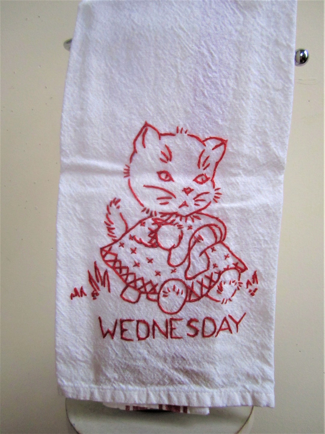 Kitten Days of the Week Hand Embroidered Kitchen Dish Towel Red White ...