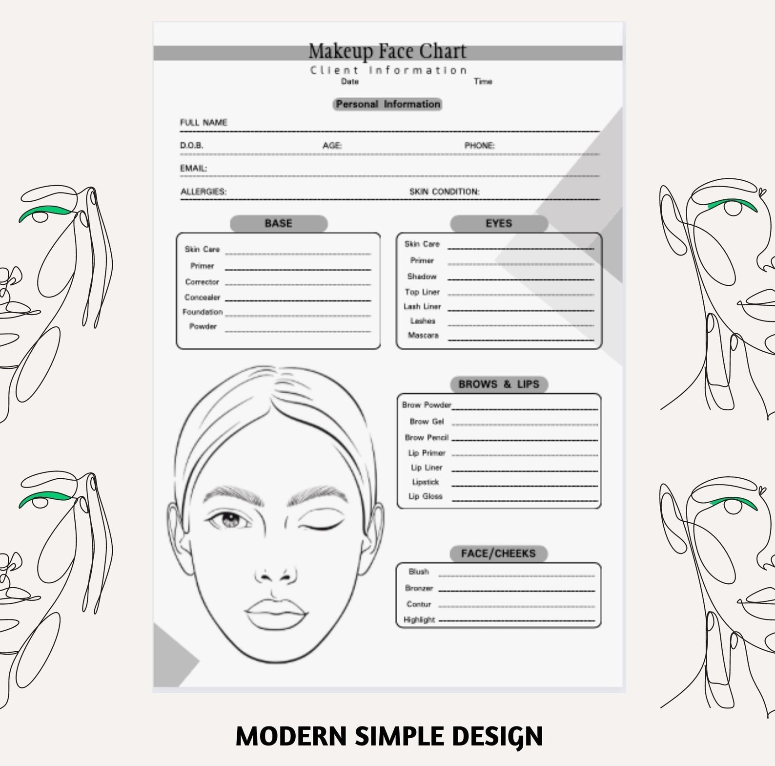 Makeup Artist Face Chart . Makeup Artist Form . Freelance Makeup Form ...