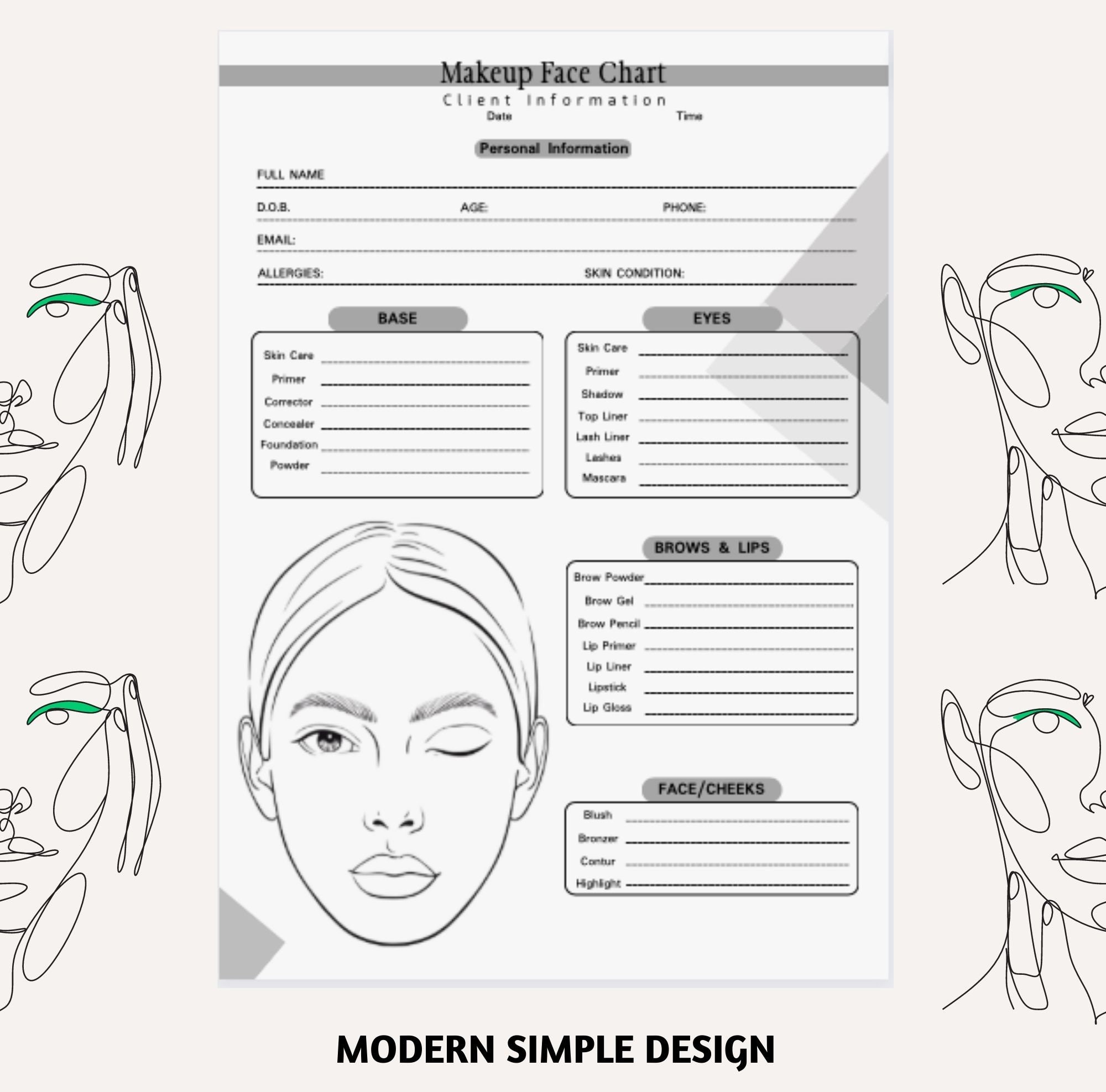 Makeup Artist Face Chart . Makeup Artist Form . Freelance Makeup Form ...
