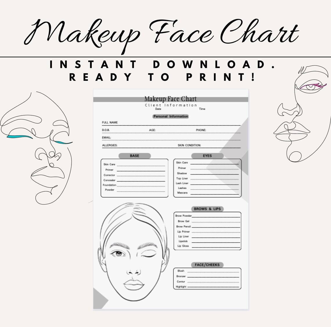 Makeup Artist Face Chart . Makeup Artist Form . Freelance Makeup Form ...